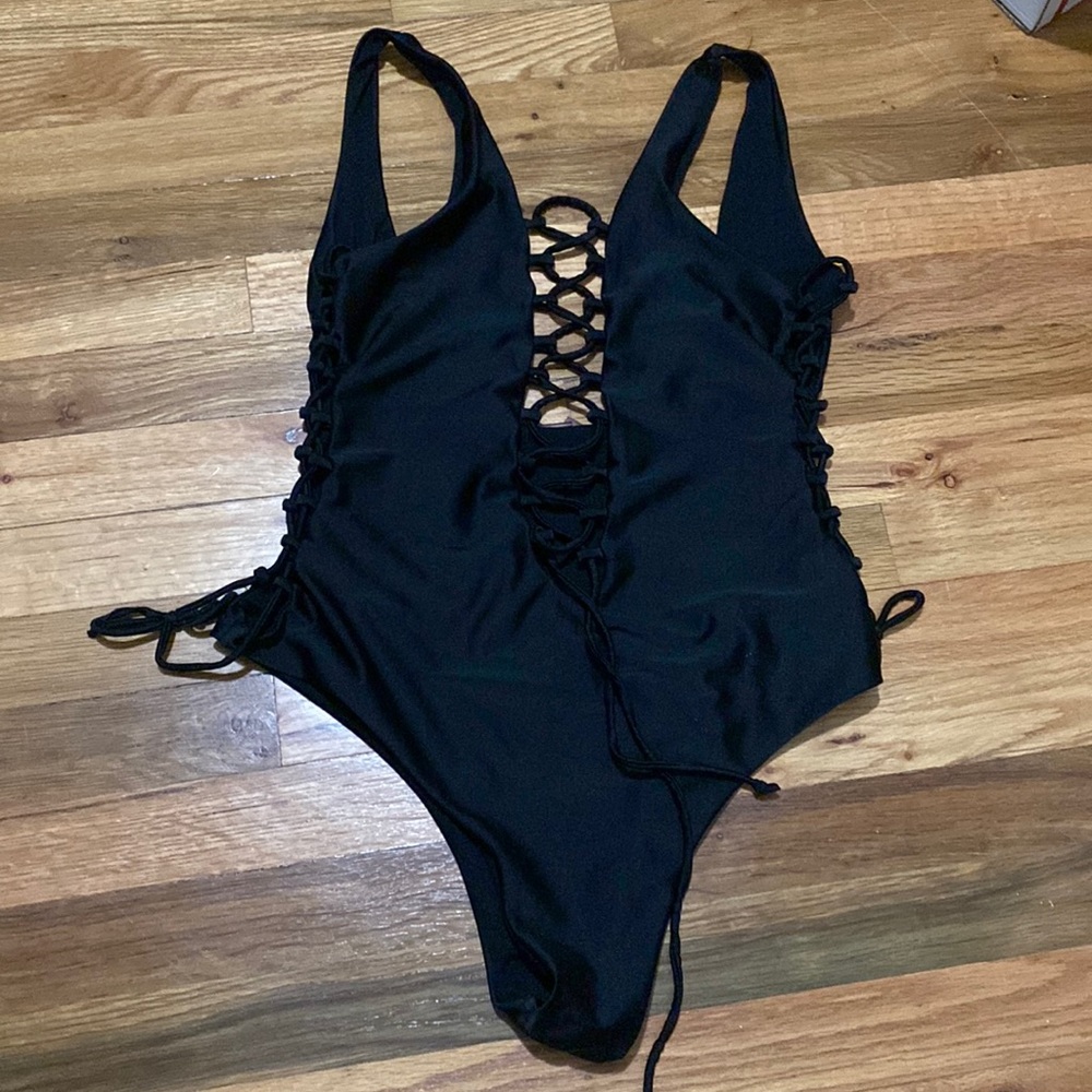 Lace Up Cheeky Plunge One Piece Swimsuit - Gem